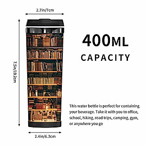 WONDERTIFY Library Coffee Cup Book Case Bookshelf Bookworm Decor Coffee Mug Stainless Steel Bottle Double Walled Thermo Travel Water Metal Canteen