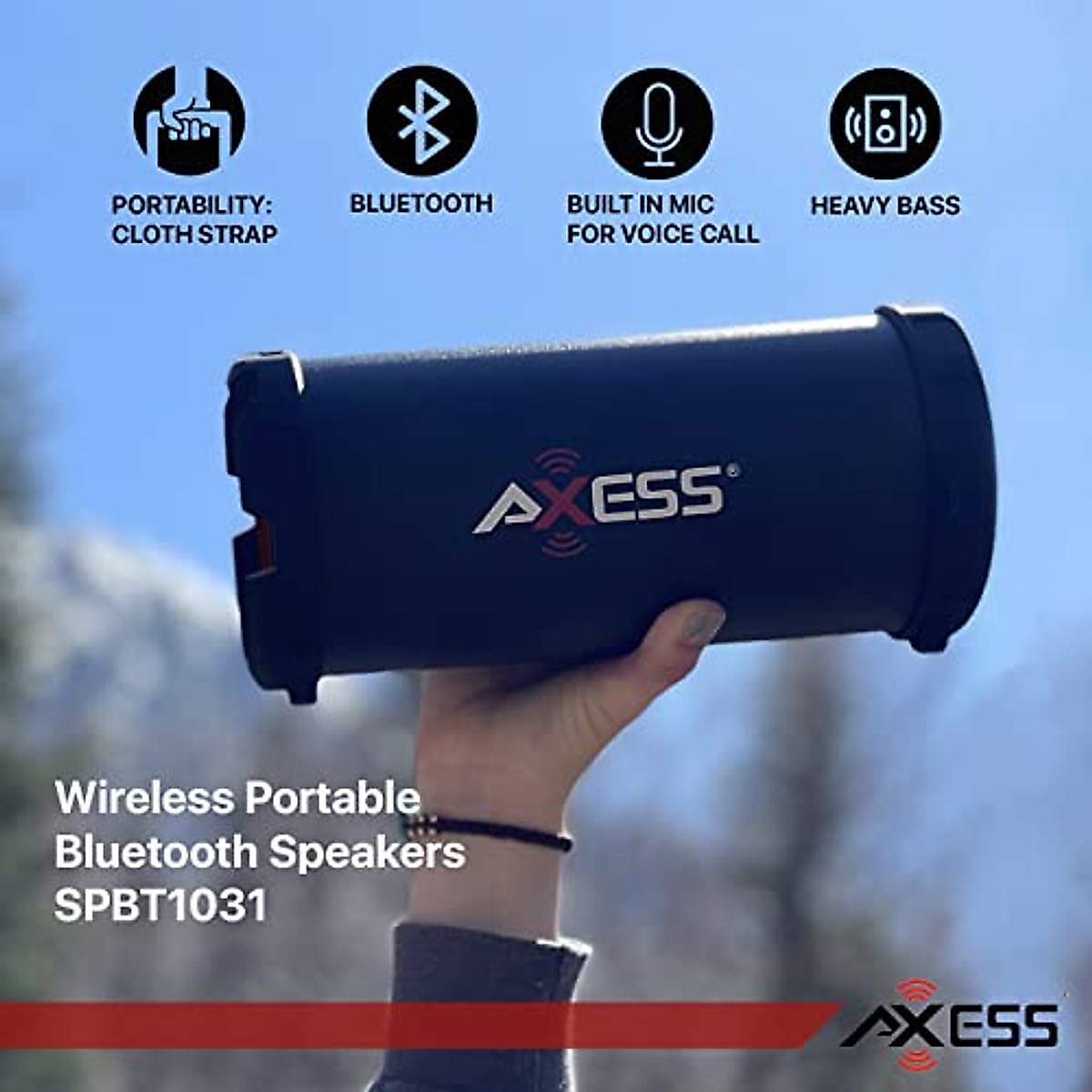 Axess SPBT1031 Portable Bluetooth Indoor/Outdoor 2.1 Hi-Fi Cylinder Loud Speaker with Built-in 3" Sub and SD Card, USB, AUX Inputs in Red