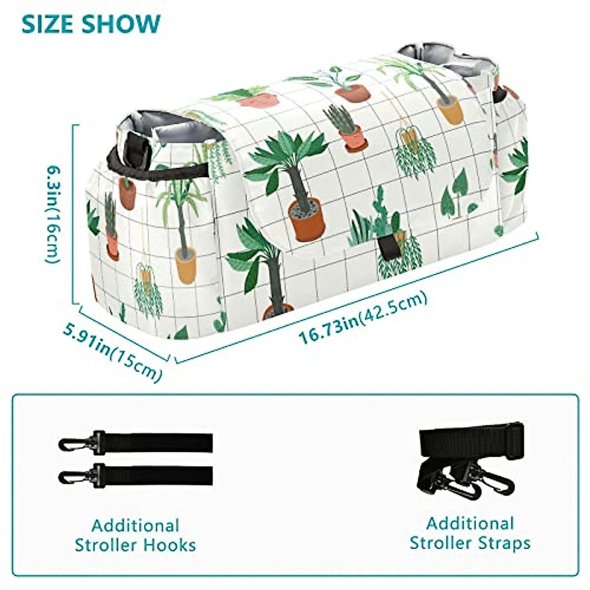 Sinestour Cute Cactus Stroller Organizer with Cup Holder Universal Stroller Organizer Bag Detachable Shoulder Strap Stroller Accessories for Diaper Keys Phone Toys Fit All Baby Stroller