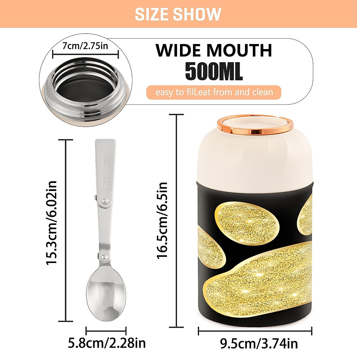 CUPADA Dog Paw Glitter Food Jar for Hot and Cold, Gold Insulated Food Jars Vacuum 17OZ with Folding Spoon for Work Trip Picnic Camping