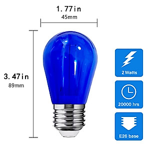 ZHZHLED S14 Blue Light Bulb Plastic 2 Watt LED Replacement Bulbs for Indoor Outdoor String Lights, Shatterproof Decorative E26 Base Filament Edison Christmas Halloween Colored Light Bulbs,15 Pack