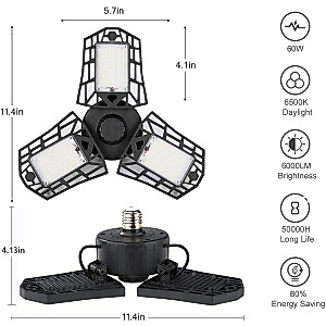KONPWAY Deformable LED Garage Light - 6000 Lumen 2800K Warm Light 60W, Three Leaf Garage Organization Ceiling Lighting 2-Pack
