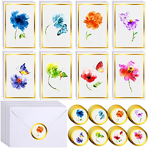 Colarr 80 Sets Watercolor Flowers Greeting Cards Floral Blank Cards Bulk with Envelopes Stickers Stationary Notecards Gold Foil Greeting Cards Gift Set for Birthday Mother's Day 4 x 6 Inches