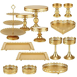 Potchen 14 Pcs Cake Stand Round Cupcake Tower Dessert Table Display Set Metal Cup Tier Antique Plate Candy Decorations for Party Tray Wedding Birthday Celebration (Gold)