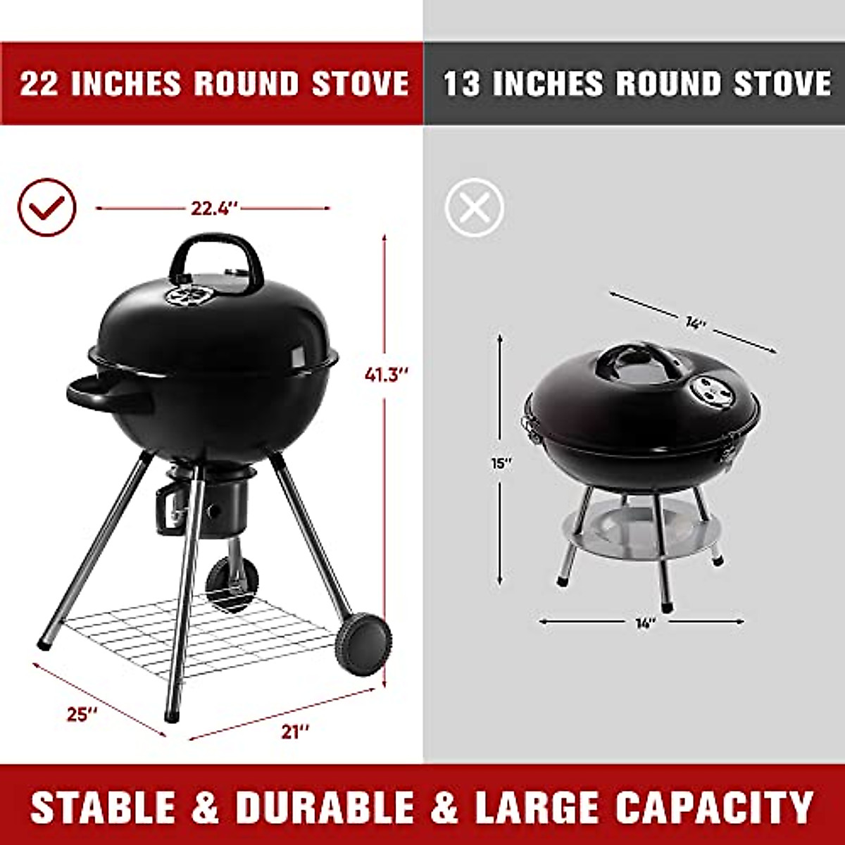 Rankok 22-Inch Premium Kettle Charcoal Grill Outdoor Barbeque Grill & Smokers Portable Trolley BBQ Grill with Wheels Adjustable Ash Catcher Bakeware Clips Thermometer for Cooking Camping Patio Garden