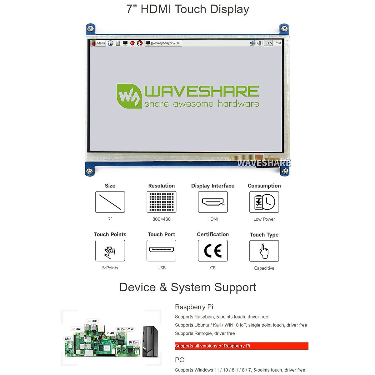 waveshare 7inch Capacitive Touch Screen LCD Compatible with Raspberry Pi 4B/3B+/3A+/2B/B+/A+/Zero/Zero W/WH/Zero 2W CM3+/4 800×480 Resolution HDMI Low Power Consumption Supports Windows