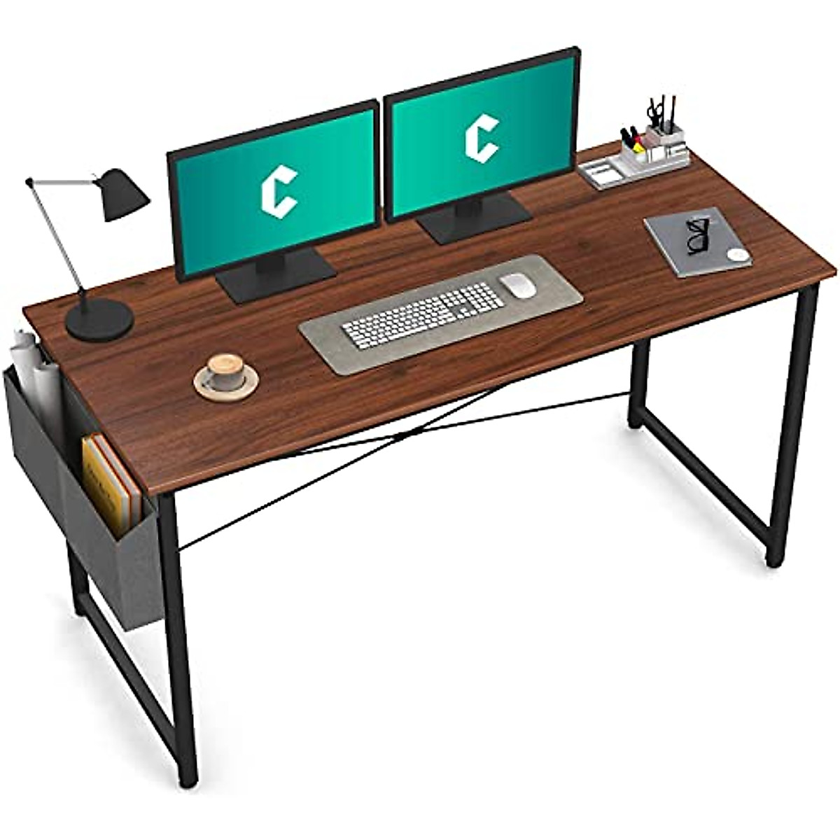 Cubiker Computer Desk 55 inch Home Office Writing Study Desk, Modern Simple Style Laptop Table with Storage Bag, Walnut