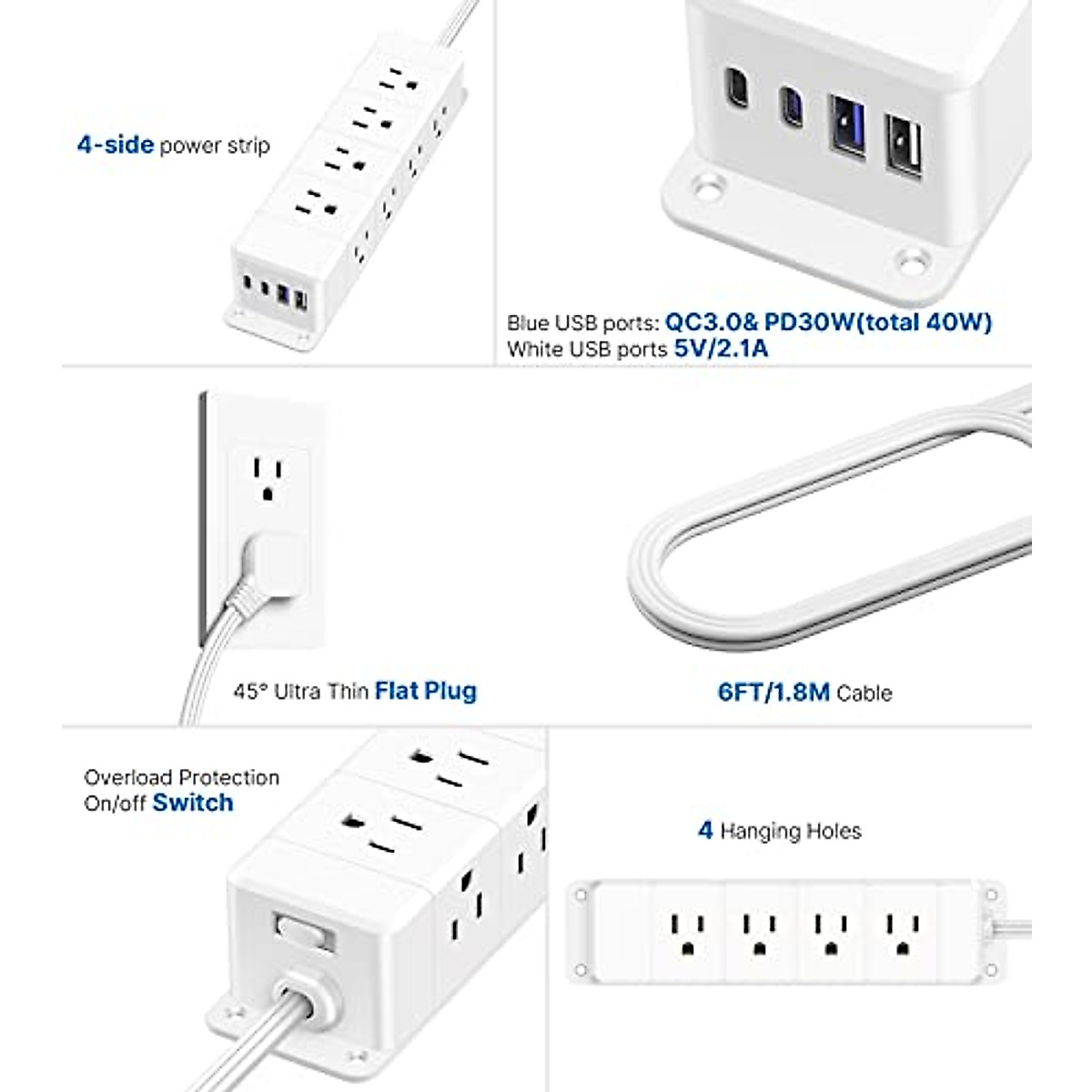 30W USB C Power Strip Surge Protector,Ultra Thin Flat Plug Power Strip 4 Side 12 Outlets,PD Fast Charing,2 USB-C, 2 USB-A(4 USB Total 40W),6ft Slim Extension Cord,16 in 1 Desk Power Bar,1200J White