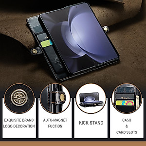 SZHAIYU Smooth Retro Premium Flip Leather Phone Case for Samsung Galaxy Z Fold 5 5G Case Wallet with Card Holder Kickstand 7.6'' Fold5 Book Cover (Black,Z Fold 5)