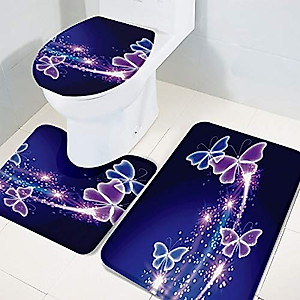 Libaoge Bathroom Mat Sets 3 Piece/Set Rugs Purple Dreamlike Bath Mat, Gorgeous Butterfly Flying Memory Foam Mat Set Matches Anti-Skid Toilet Seat Cover Bath Mat Lid Cover 18"x30"+14"x18"+15"x18"