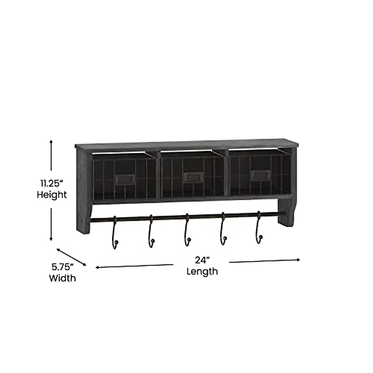 Merrick Lane Enid Wall Mount 24 Inch Solid Pine Wood Storage Rack with Upper Shelf, 5 Hooks, and Wire Baskets for Living Room, Kitchen, or Entryway in Blackwashed