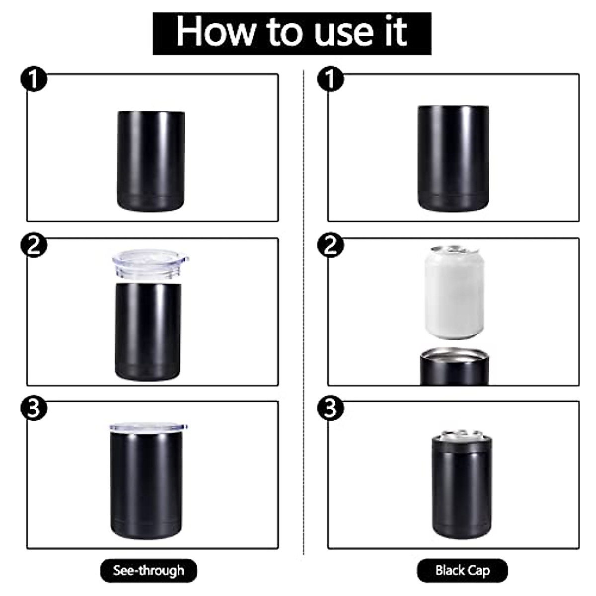 Can Cooler 3in x 4.25in Can Cooler insulated 3-in-1 Stainless Steel Beer Can Cooler universal (black1pcs)