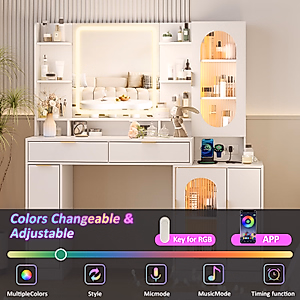 Vabches Vanity Desk with Lighted Mirror & Power Strip,Makeup Vanity with 5 Drawers & 6 Storage Shelves,White Vanity Table with RGB Glass Cabinet,46.6" W Large Dressing Table for Bedroom