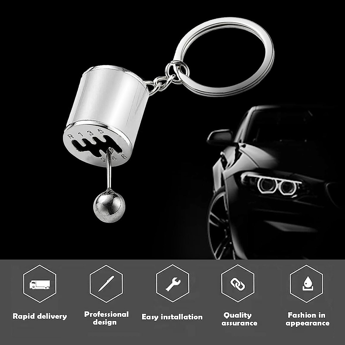 gunhunt 1 PC Car Shifter Keyring, 6 Speed Gear Key Clip, Universal Polished Metal Collectible Key Chain Creative Model (Silver)