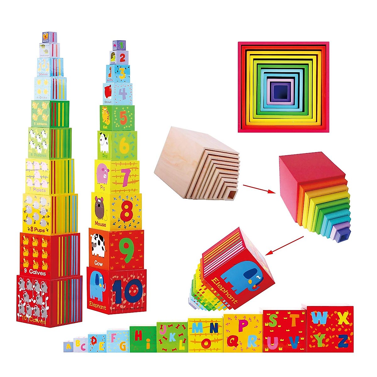 TOWO Wooden Stacking Boxes-Nesting and Sorting Cups Numbers Alphabet Animals Blocks for Toddlers-Stacking Cubes Educational Toys for 2 Years Old Montessori Materials