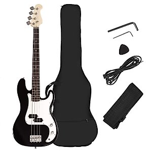 OLAKIDS Electric Bass Guitar Beginner Kit Full Size 4 String Exquisite Paulownia Burning Bass with Strap, Gig Bag, Amp Cord and Accessories (Black)