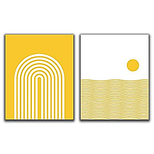 Mid Century Modern Wall Art - Set of 2-8x10" UNFRAMED Prints - Yellow Scandinavian, Minimal Wall Decor - Ocean, Sun & Moon Wall Art (Mustard)
