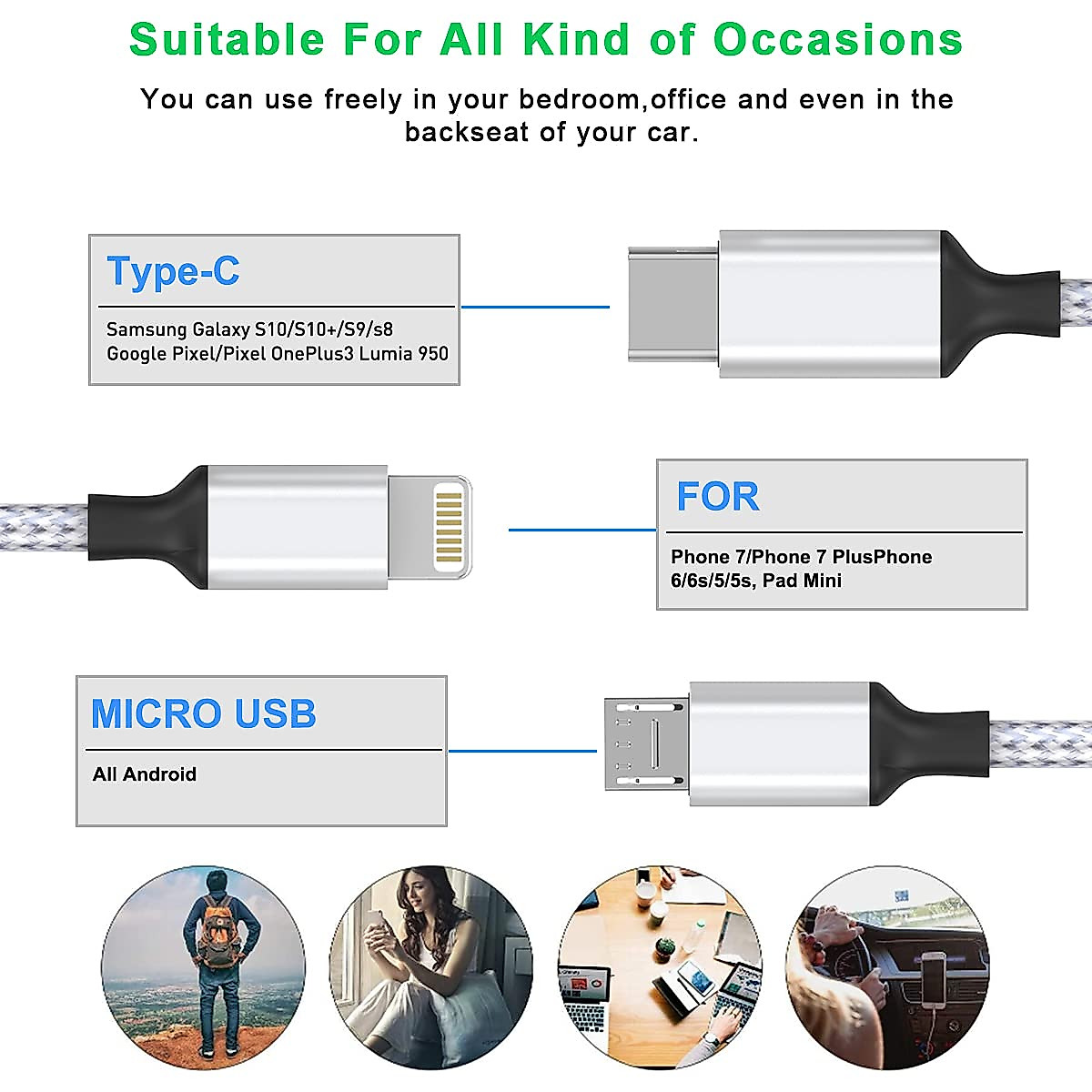 Multi 3 in 1 USB Long iPhone Charging Cable, 1.8M/5.9Ft Nylon Braided Universal Phone Charger Cord USB C/Micro USB/Lightning Connector Adapter for Android/Apple/Samsung/LG/Pixel/Huawei/XiaoMi(Gray)