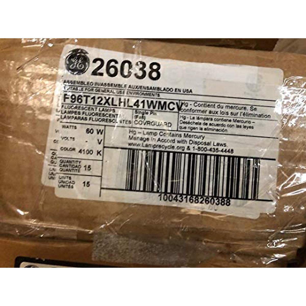 GE 15 Pieces 26038 F96T12XLHL41WMCV 60W 4100K Coverguard Straight T12 Fluorescent Tube Light Bulb