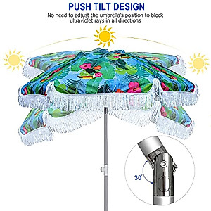 AMMSUN 6.5ft Heavy Duty HIGH Wind fringe Beach Umbrella with sand anchor & Tilt Sun Shelter , UV 50+ Sun Protection Outdoor Sunshade Umbrella with Carry Bag for Patio Garden Beach Pool Backyard Sports Multicolor Green