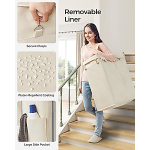 SONGMICS Laundry Basket with Wheels, 2-Section Rolling Laundry Hamper, 37 Gallons (140L), Removable Liner, Steel Frame with Handle, Blanket Storage, 27.2 x 15.4 x 31.9 Inches, Cream White URLS004W01