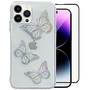 LUSAMYE iPhone 14 Pro Max Case - Cute Butterfly Design, Clear Glitter Electroplated Cover with Screen Protector for Girls & Women