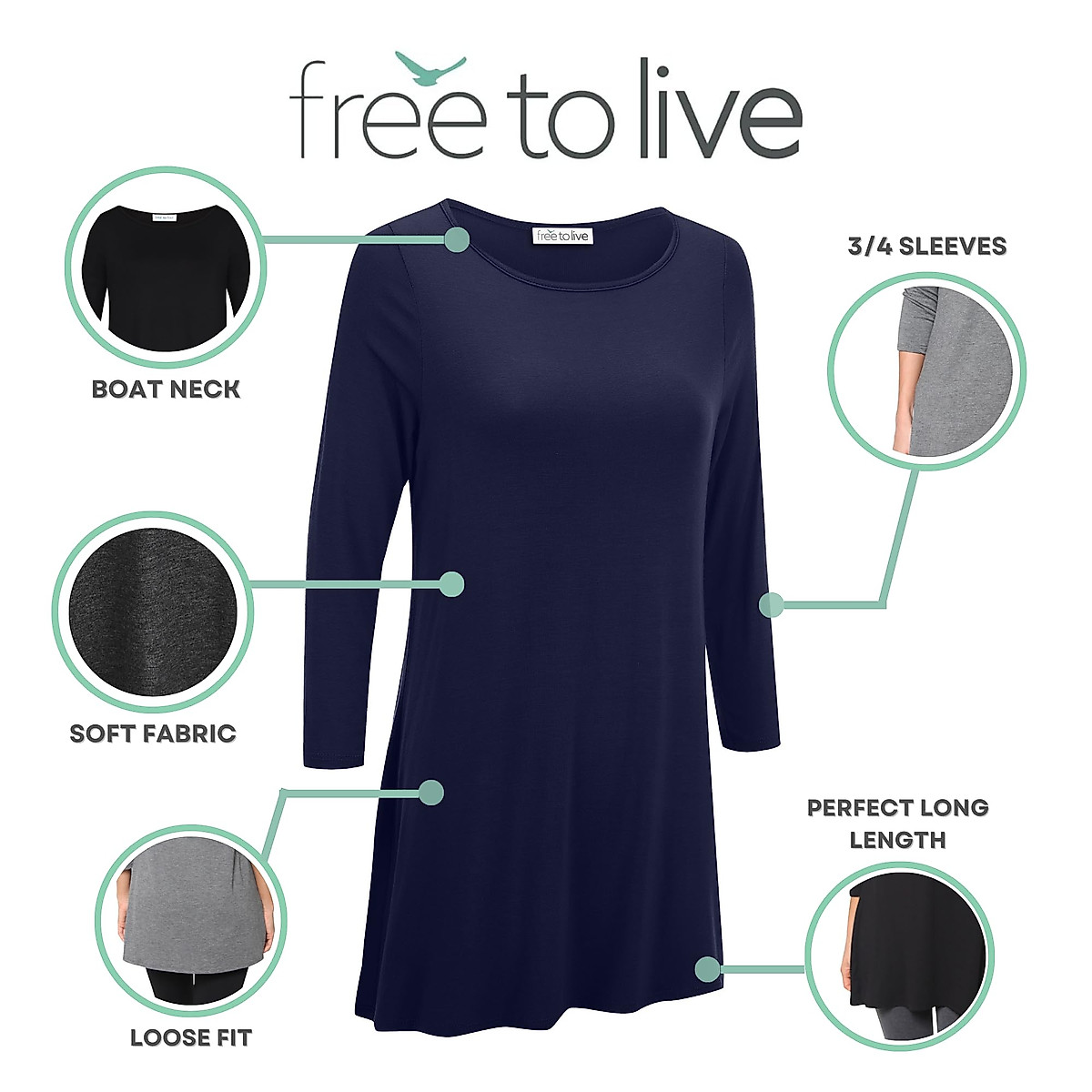 Free to Live 3 Pack 3/4 Sleeve Tunic Tops for Women Casual Long Shirts Loose Fit Dressy to Wear with Leggings Travel Clothes (Large, Black, Charcoal, Navy)