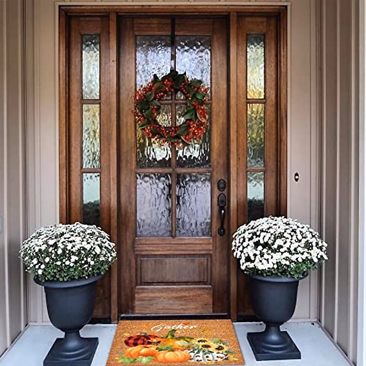 Entrance Mat Pumpkin Sunflower Maple Leaves Farmhouse Thanksgiving Funny Coir Doormat with Heavy Duty Fall Gather Coir Mat Outdoor - Front Door Entryway Mats Housewarming Gift 16x24in