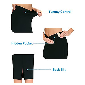 THE GYM PEOPLE Women's High Waist Tummy Control Pencil Skirts Stretchy Bodycon Midi Skirt Below Knee with Back Slit Black