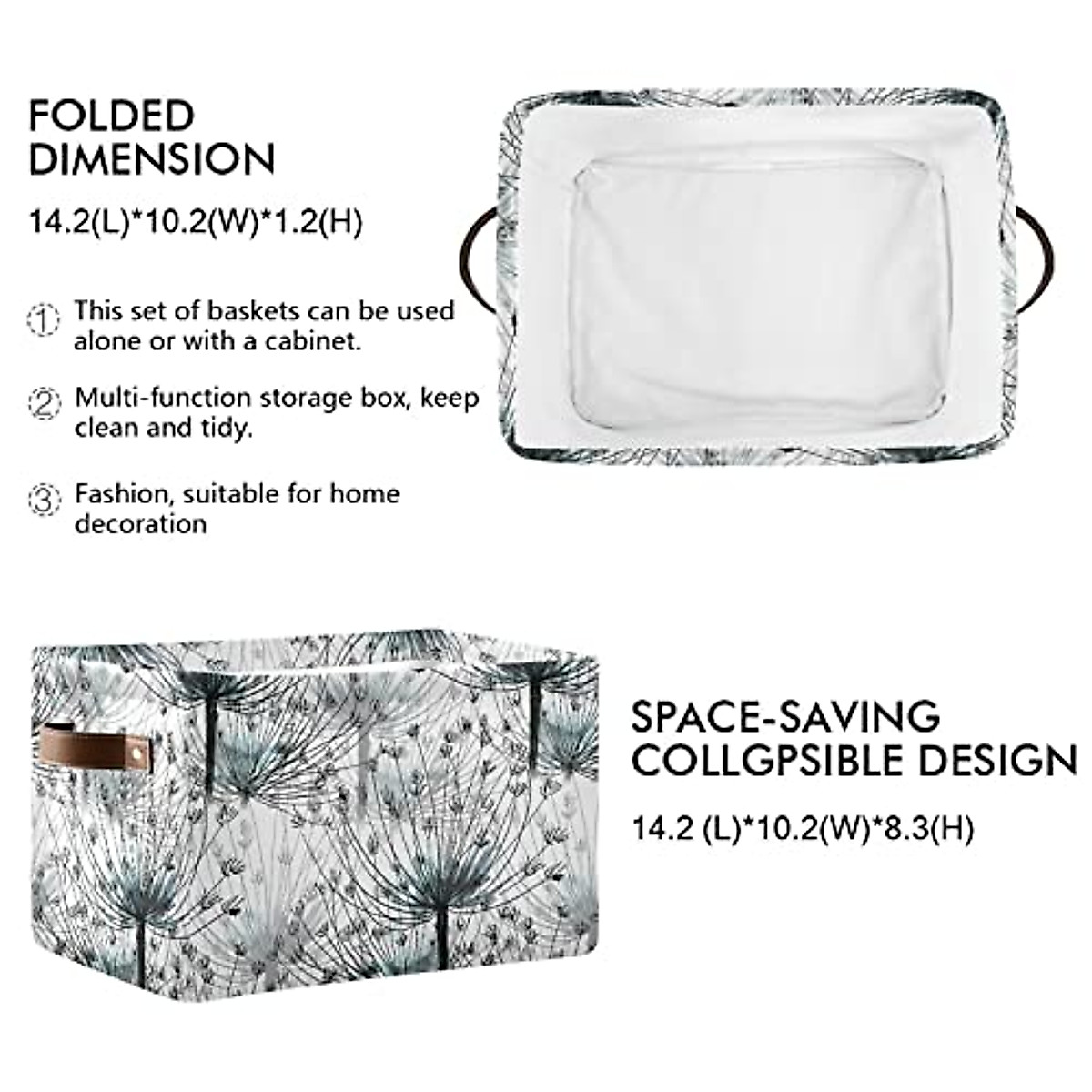 Nature Flowers Leaves Storage Basket Set of 2 Large Fabric Dandelion Storage Basket Bins Box Cube with Handles Collapsible Closet Shelf Clothes Organizer Basket for Nursery Bedroom