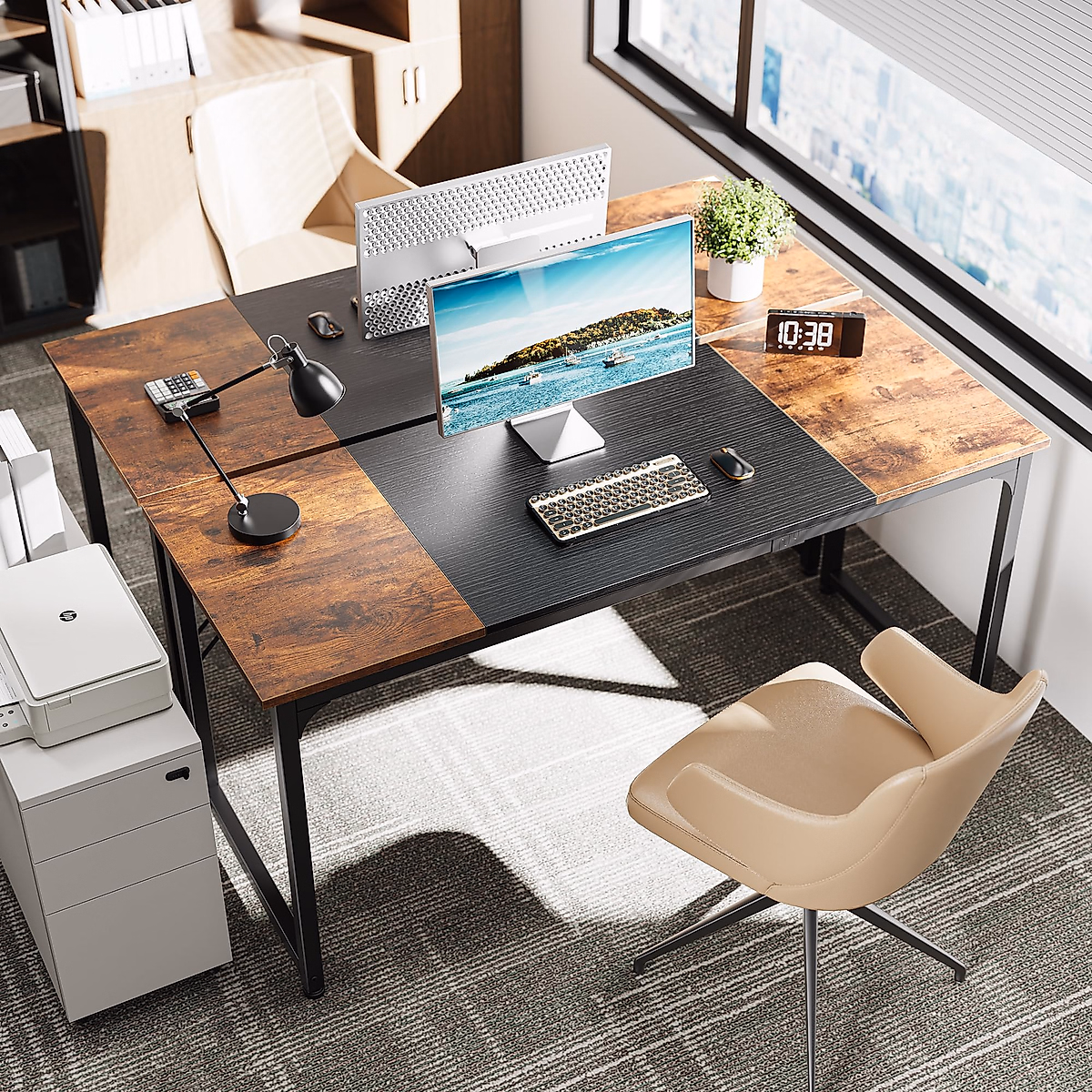 Huuger Computer Desk, 63 Inch Office Desk, Gaming Desk with Storage, Writing Desk Work Desk for Home Office, Study, Modern Simple Desk, Large Legroom, Metal Frame, Rustic Brown and Black