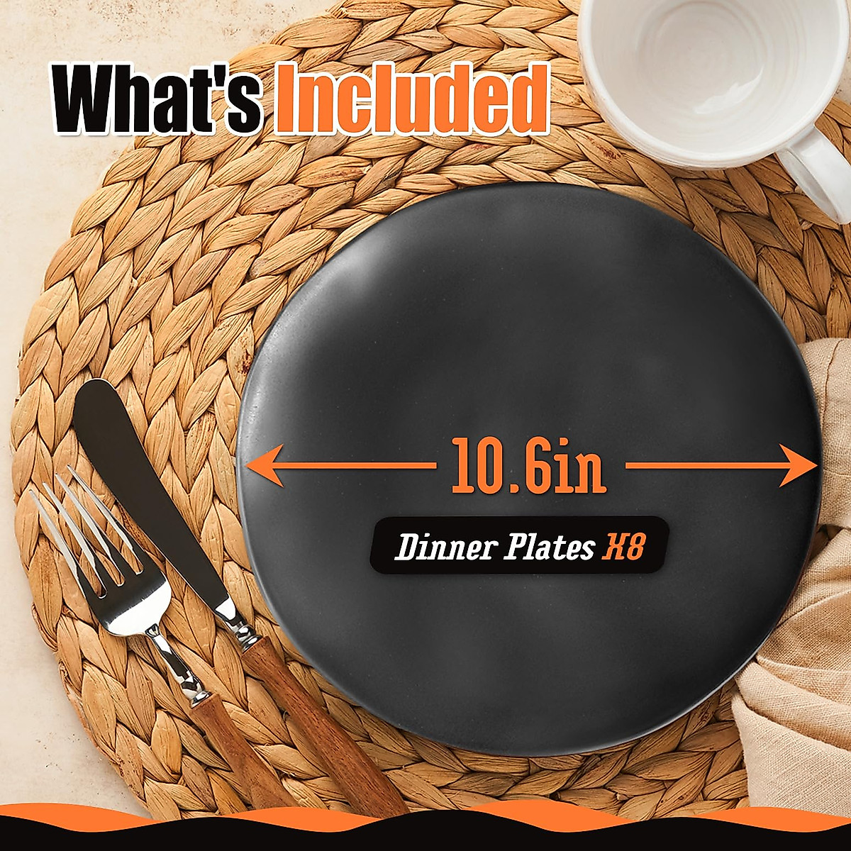 Teivio 8-Piece Irregular Large Plastic Wheat Straw Dinner Plate Set, 10.6'' Thick Round Kitchen Dinner Plates, Lightweight & Unbreakable Dinnerware Dishes Set for Fruit Snack Pizza Pasta, Black