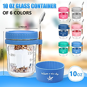 6 Pack Overnight Oats Containers with Lids and Spoon, 10 oz Glass Mason Jars with Sleeve Airtight Oatmeal Container with Measurement Marks Chia Pudding Jars with Lids for Milk Cereal Fruit Meal Prep