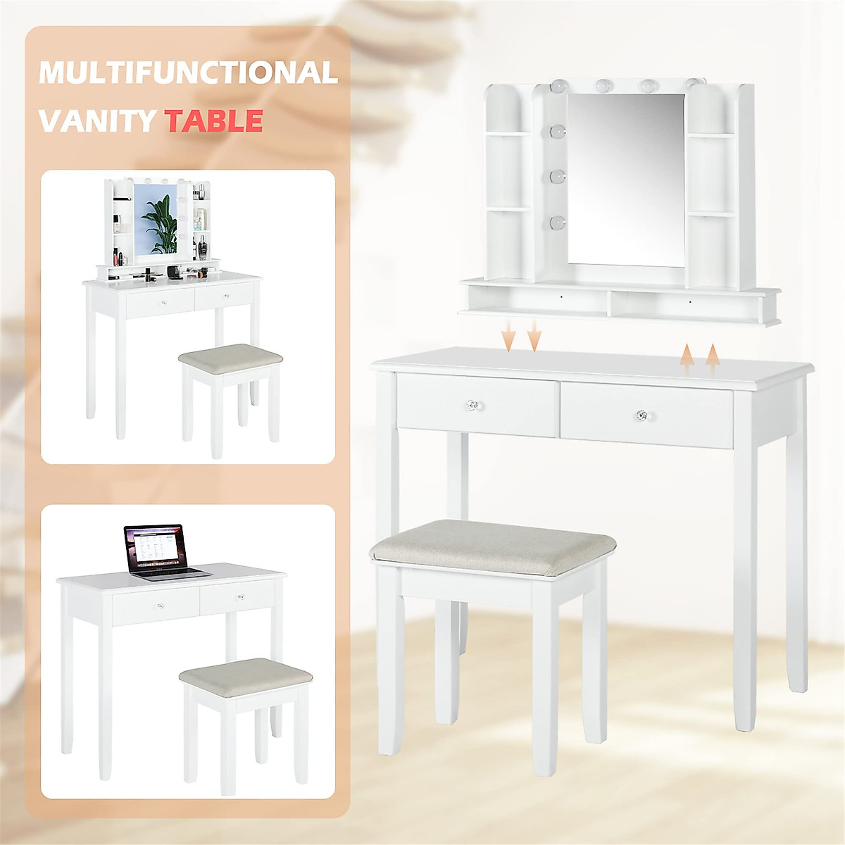 LINLUX Makeup Vanity Desk with Mirror and Lights, White Vanity Table Set with Charging Station, Open Shelves, 3 Color & Adjustable Brightness, Dressing Table with Cushioned Stool for Bedroom