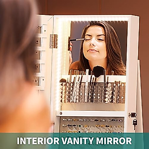 YITAHOME Mirror Jewelry Cabinet with Lights Standing Jewelry Armoire Storage Rotatable Full Length Mirror Jewelry Organizer Lockable Jewelry Armoire with Wheels for Bedroom, Cloakroom, White