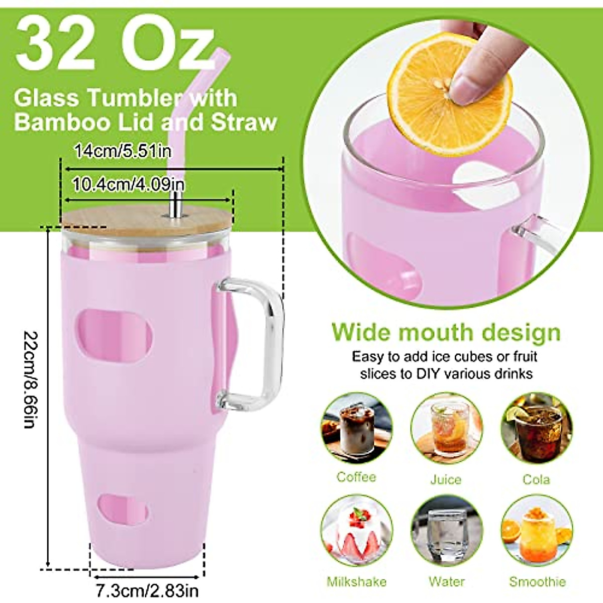 Glass Tumbler Cup with Silicone Sleeve, 32oz Water Bottle Tumbler w/ Bamboo Lid and Straw- Easy to Grip, Leakproof Glass Tumbler Mug Drinking Glass Cups, Dishwasher Safe for Travel Home Coffee (Pink)
