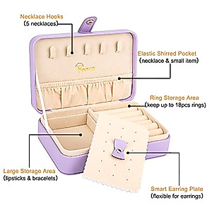 Voova Small Jewelry Organizer Box, Travel Jewelry Case for Women Teen Girls, Mini PU Leather Portable Jewellery Storage Boxes Holder with Smart Earrings Plate for Necklaces Rings Bracelets, Lavender