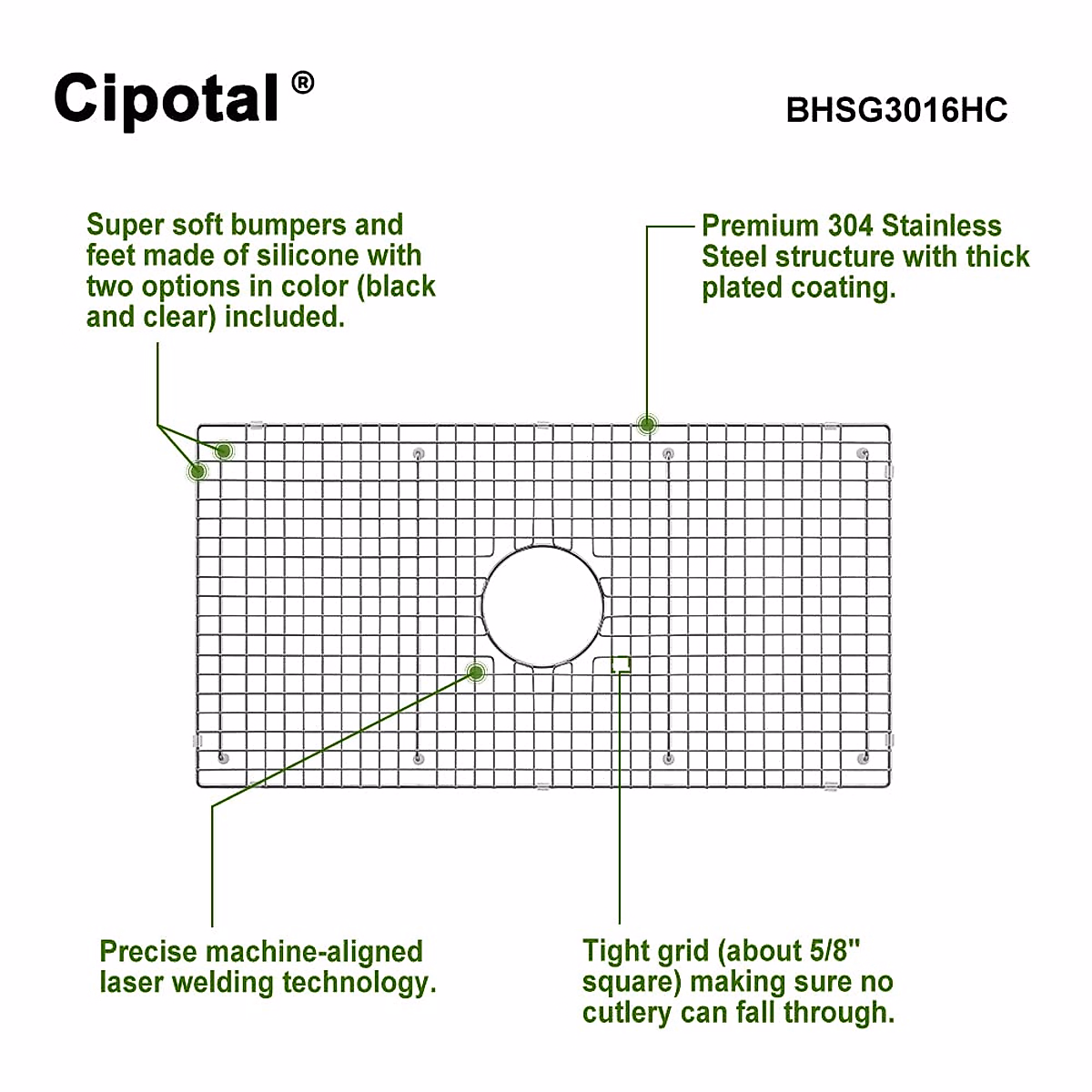 CIPOTAL 29.5 in. x 15.5 in. Centre Drain Sink Protector with Supersoft Silicone Feet in 304 Grade Stainless Steel