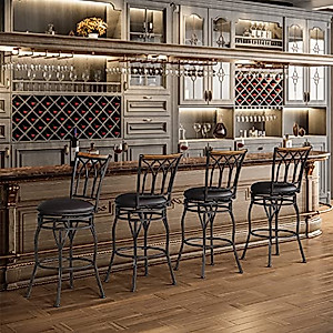 KATDANS Swivel Bar Stools Set of 2, 24-29 Inch Adjustable Seat Height Bar Stool with Back, Brown Leather Kitchen Island Stools for Pub, Bistro, Restaurant, Brown Seat-Black Metal Frame, KS902P