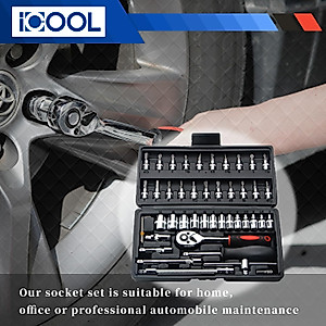 ICOOL 46pcs 1/4 Inch Drive Socket Set, Ratchet Socket Wrench Set with S2 Bit Sockets, 72-Teeth Reversible Ratchet, 4-14mm Sockets for Home or Automobile Maintenance