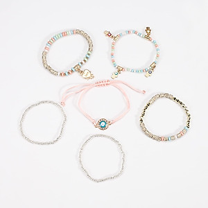 WuCuifu Stackable Bracelets for Women - 8 Packs Bohemian Stretch Bracelets Multi-color Jewelry for Women Evil Eyes Bracelets, Pink