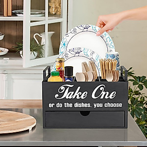 Uipame Paper Plate Holder Countertop, Utensil Caddy with Drawer, Black, 6 Compartments, 1 Drawer, Space Saving, Convenient to Carry, Sturdy, Easy Cleaning, Ideal Gift Idea