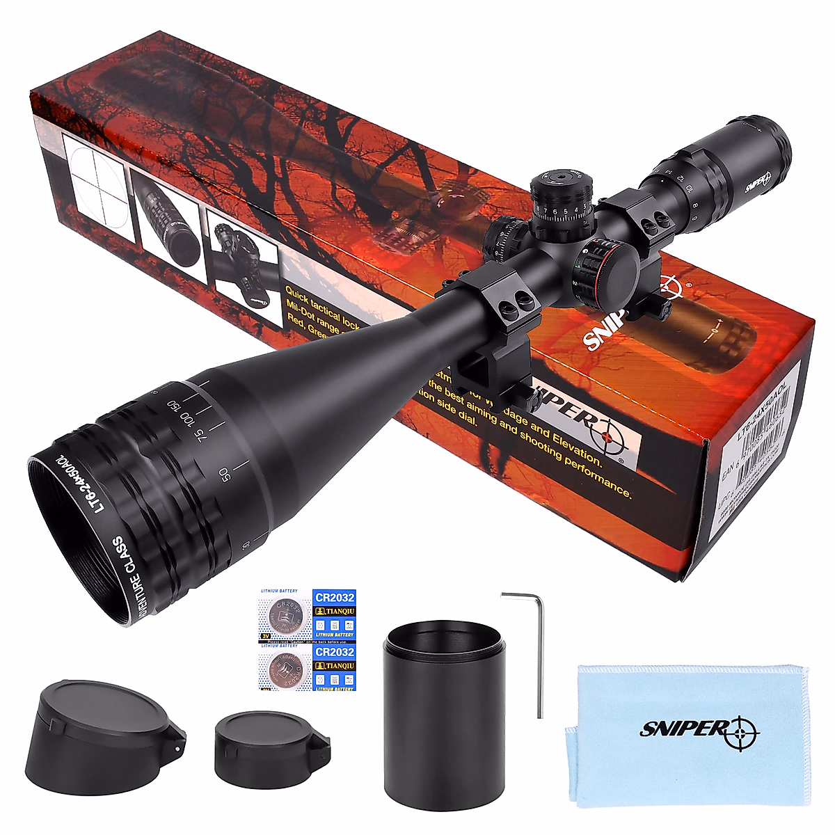 FSI 6-24x50 AO Rifle Scope SFP R/G/B Illuminated Reticle with Scope Rings