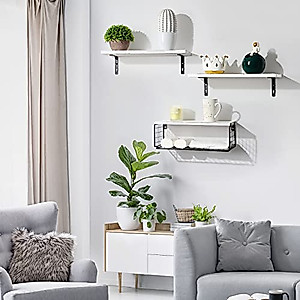 Floating Shelf ,Floating Shelves Wall Mounted Set of 3 ,Solid Wood Floating Shelves with Brackets and Basket Set,Rustic Wood Wall Shelves for Kitchen Living Room,Bedroom Shelves,Bathroom Shelf (White)