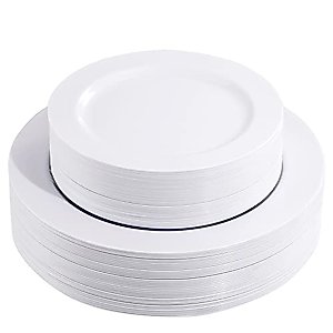 FLOWERCAT 60PCS White Plastic Plates - Heavy Duty White Disposable Plates for Party/Wedding - Include 30PCS 10.25inch White Dinner Plates and 30PCS 7.5inch White Dessert/Salad Plates