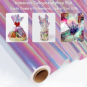 SYOGUA 66 ft Iridescent Cellophane Wrap Roll (17'' Wide x 66' Long) Transparent Iridescent Cellophane Roll, Rainbow Colored Gift Wrapping Plastic for Baskets, Treats, DIY Crafts, Christmas Gifts