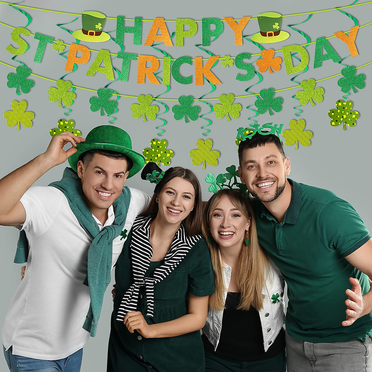 St.Patricks Day Decorations,1 Felt Shamrock Clover Garland+ 1 Happy St.Patricks Day Banner+8Pcs Hanging Swirls,St. Patrick 's Day Banner Decor perfect for Irish party supplies- Green and Light Green Color