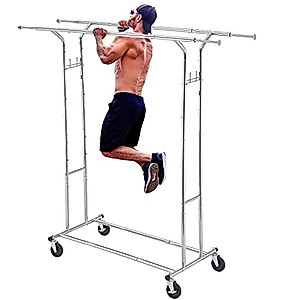 Tajsoon Clothes Rack,Collapsible Heavy Duty Garment Rack,Extendable Standard Double Rods Clothes Hanging Rack,Commercial Clothing Display Stand,Adjustable Rolling Clothes Organizer With Wheels,Chrome