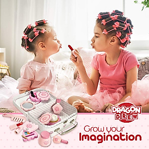 Dragon Drew Wooden Toy Beauty Set – 10 Piece Kit - Girls Salon Set with Makeup, Brush, Mirror and Cosmetics Case - 100% Natural Wood, Nontoxic Paint, Smooth Edges