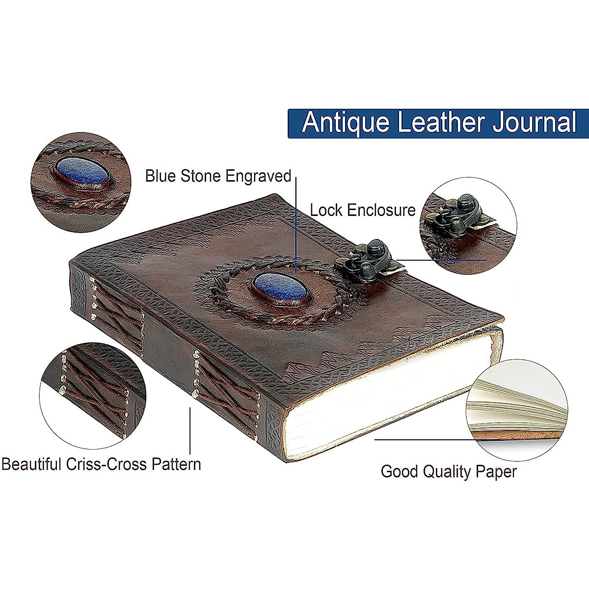 Antique Leather Journal, Leather Bound Writing pad, Blue Stone Embossed Blank Unlined Paper Notebook for Travel, Office, Thoughts, Sketching with Clasp, Vintage Gift for Men and Women Brown 7X5 Inches